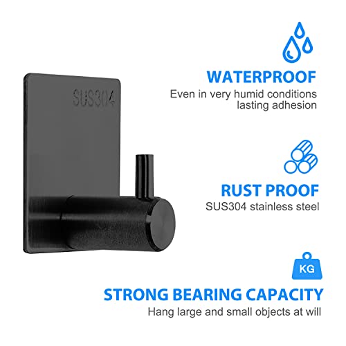 Panlogee 304 Stainless Adhesive Hooks ,Waterproof Adhesive Holder for Cloth,Towel,Bathroom,Kitchen(4pack) (Square-Shape Black)