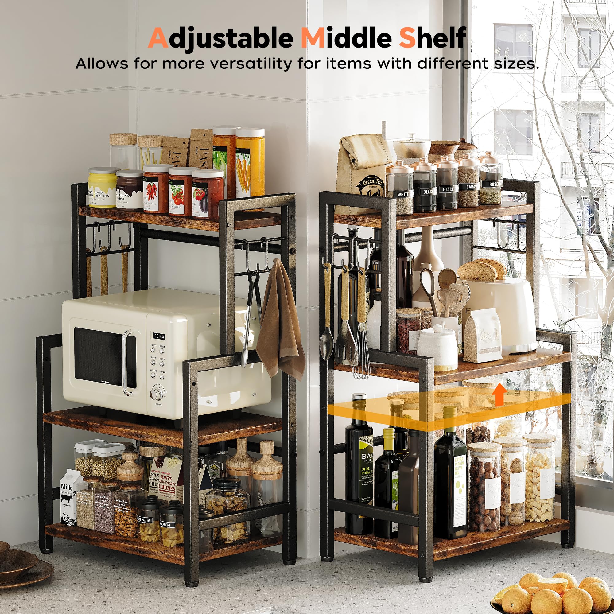 Kitchen Countertop Organizer,3 Tier Large Spice Rack Organizer with Adjustable Shelf and 5 Hooks,Wooden Counter Organizer,Space Saving Countertop Shelf Microwave Stand for Kitchen,Bathroom,Coffee Bar