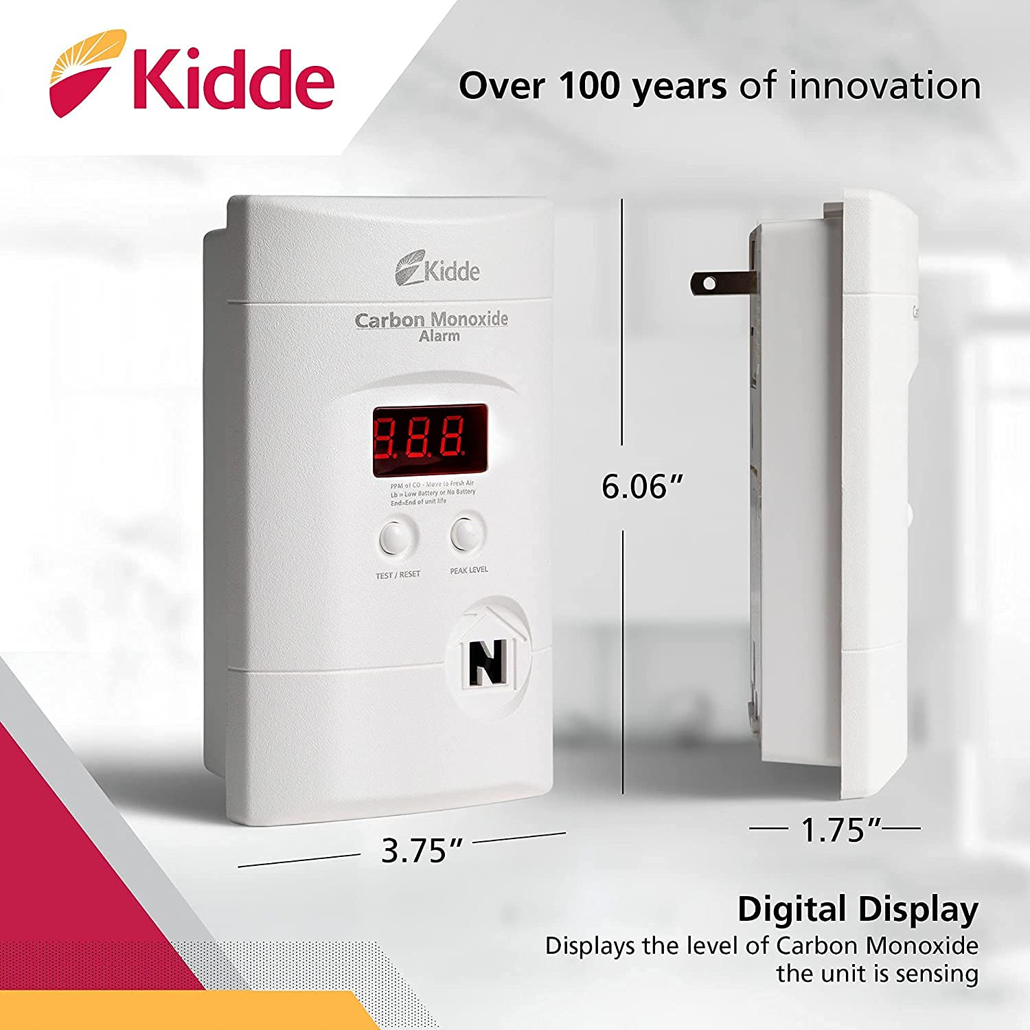 Kidde Carbon Monoxide Detector, Plug In Wall with 9-Volt Battery Backup, Digital LED Display, 2 Pack