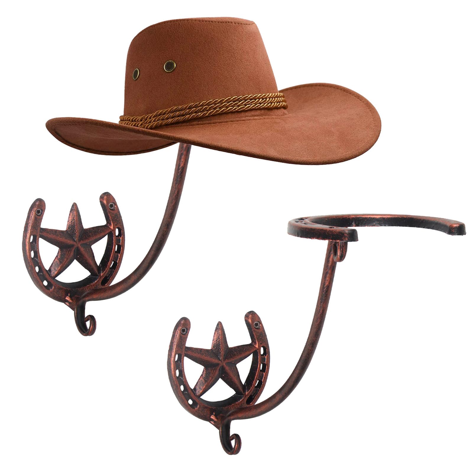 Kilarero Cowboy Hat Rack, 2 Pack Rustic Metal Cowboy Hat Holder with Hooks Horseshoe Cast Iron Hat Hanger for Wall Western Home Decor Storage and Display - Keeps Original Shape