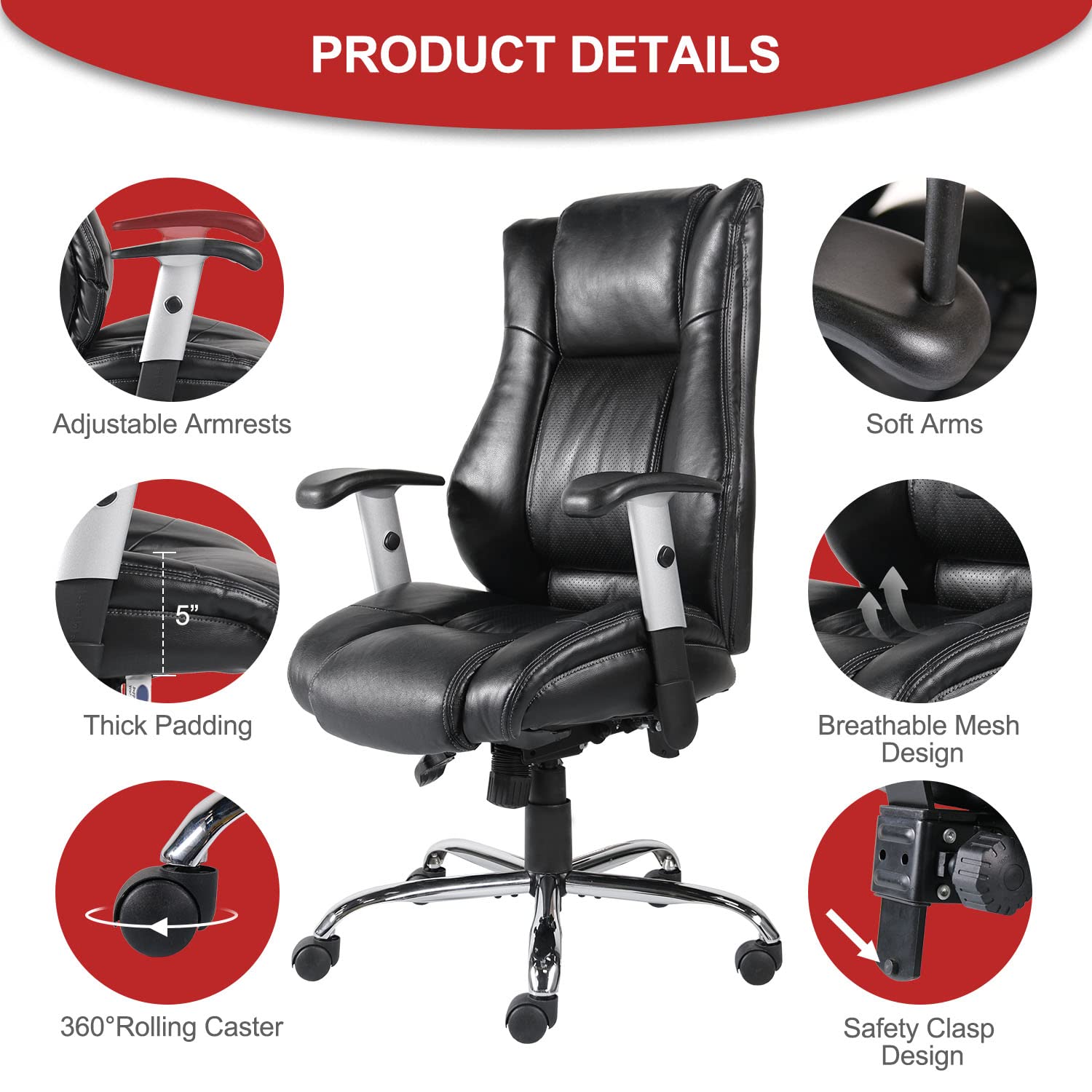 HOMEFLA Office Executive Ergonomic Computer PU Leather High Back Desk Swivel Comfortable Rolling Chair with Adjustable Armrests, Black
