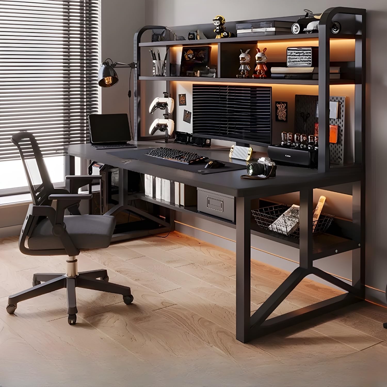 LITFAD Rectangular Wooden Office Desk Modern Computer Desk with Metal Frame and Bookshelf Writing Desk for Home Office - 1 Piece Black 31.5" L x 19.7" W x 59.1" H Desk only