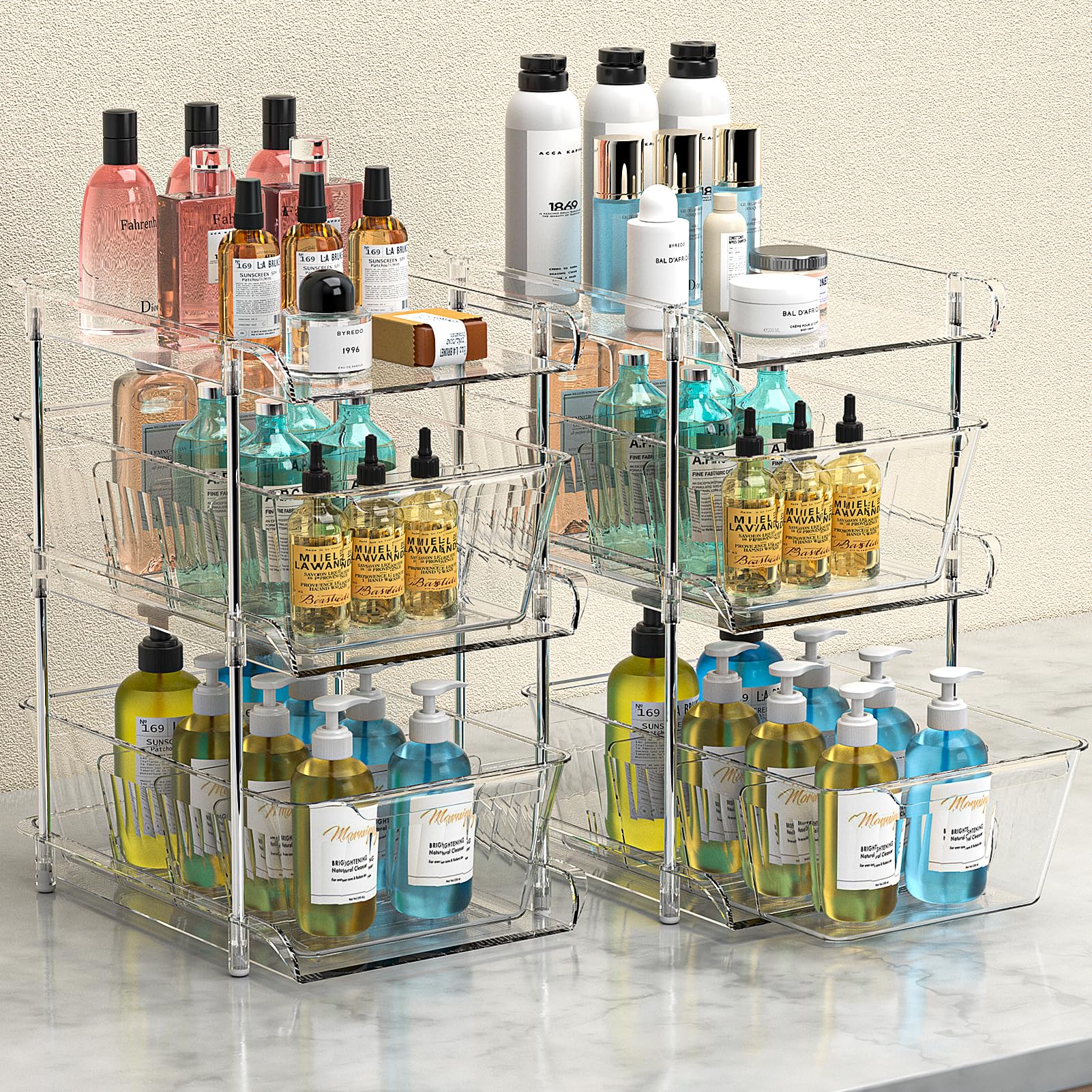 GoMaihe Bathroom Organizer Under Sink: 3-tier Clear Pull Out Medicine Cabinet Organizer - Sliding Storage Drawer for Makeup in Small Bathroom & Kitchen | Stackable & Anti-slip & Easy to Clean 2-pack