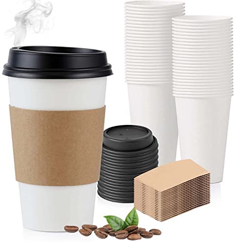 HÄRTHWOOD 16 oz Paper Coffee Cups with Lids - 50 Pack, White and Disposable Coffee Cups with Black Dome Lids and Kraft Sleeves NEW IMPROVED…