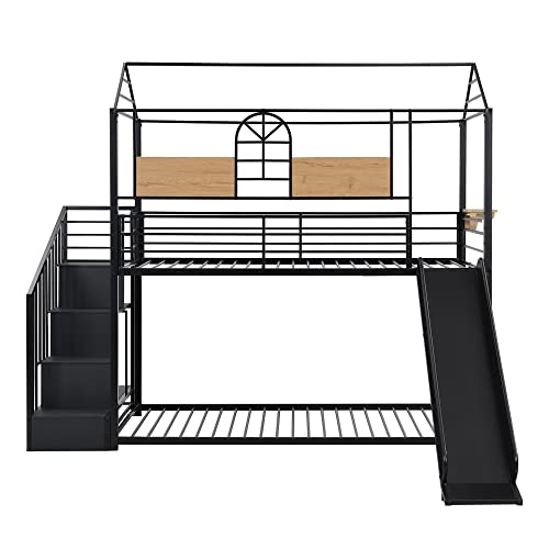 Twin Over Twin Low Bunk Bed with Slide and Stairs House Bunk Bed Metal Frame with Storage Shelves for Kids Boys Girls Teens, Black