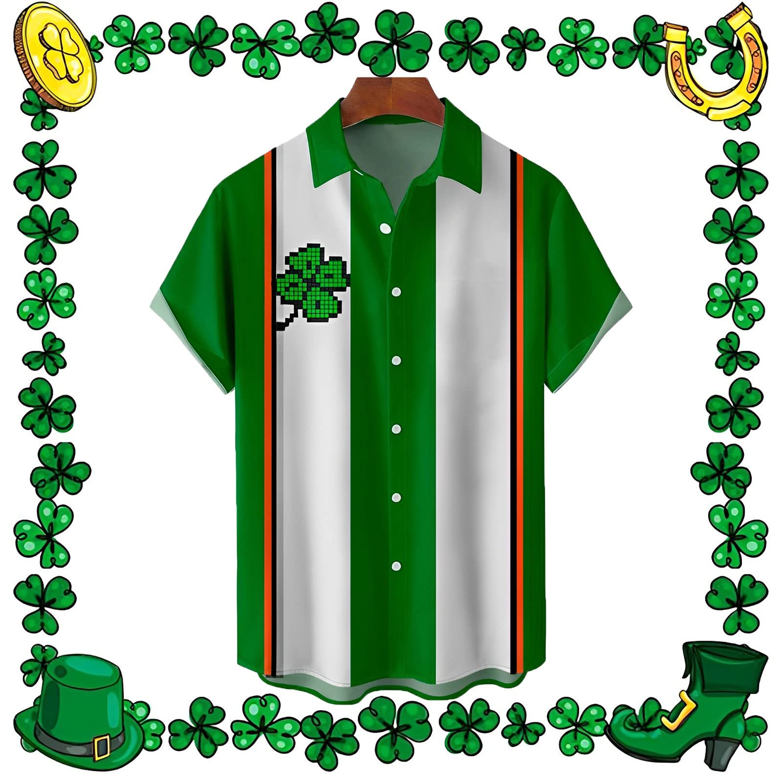 Hawaiian Shirt for Men, Unisex Summer Beach Casual Short Sleeve Button Down Shirts, St Patricks Day Shirt Clothing Tops