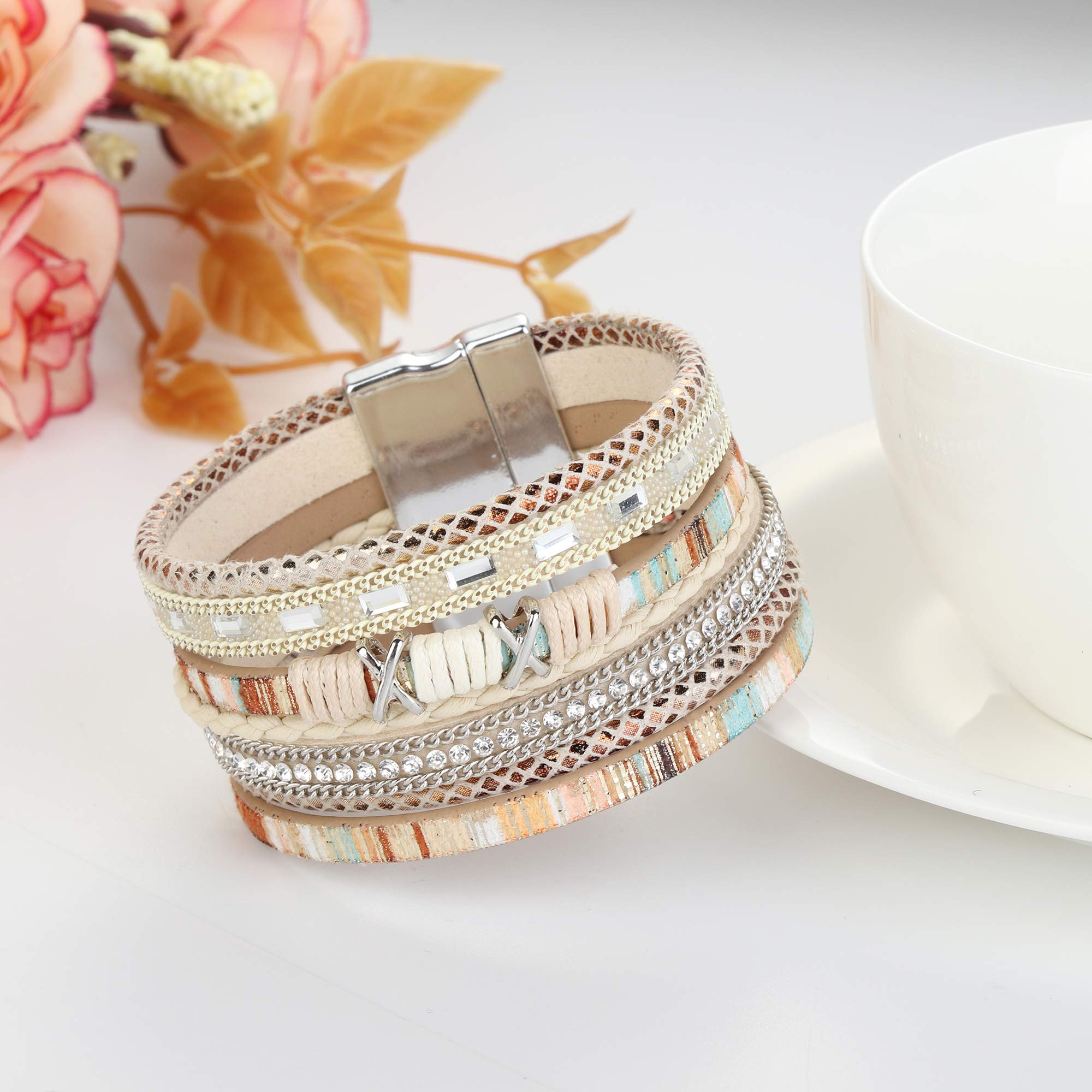 FIBO STEEL Leather Cuff Bracelet, Boho Wrap Bangle for Women, Handmade Multi-Layer Cuff, Braided Rope, D Color