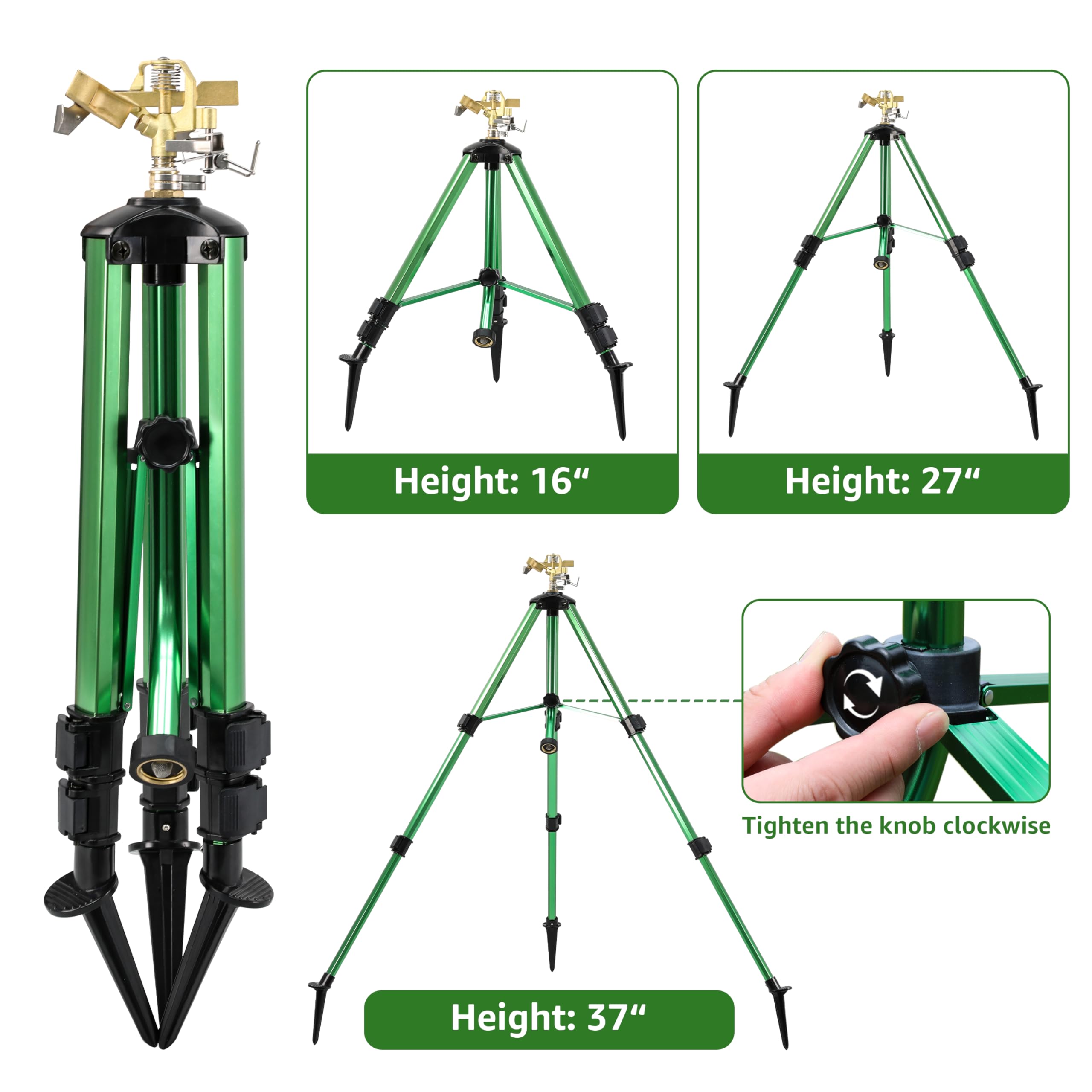 Heavy-Duty Brass Impact Sprinkler on Ground PlugTripod Base, 360 Degree, 0-43 Feet Large Area Coverage Yard Sprinkler, Adjustable Height 16-37โ Water Sprinkler for Lawn for Lawn/Yard/Garden
