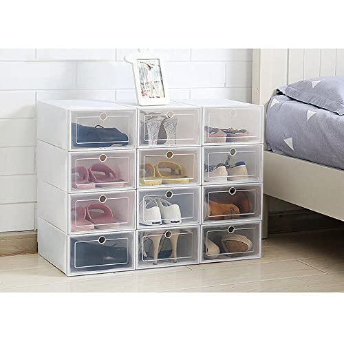 Shoe Storage Boxes 12 Pack Foldable Plastic Transparent Shoe Box Storage Clear Organizer Stackable Shoe Containers with lids Display Sneakers (White)