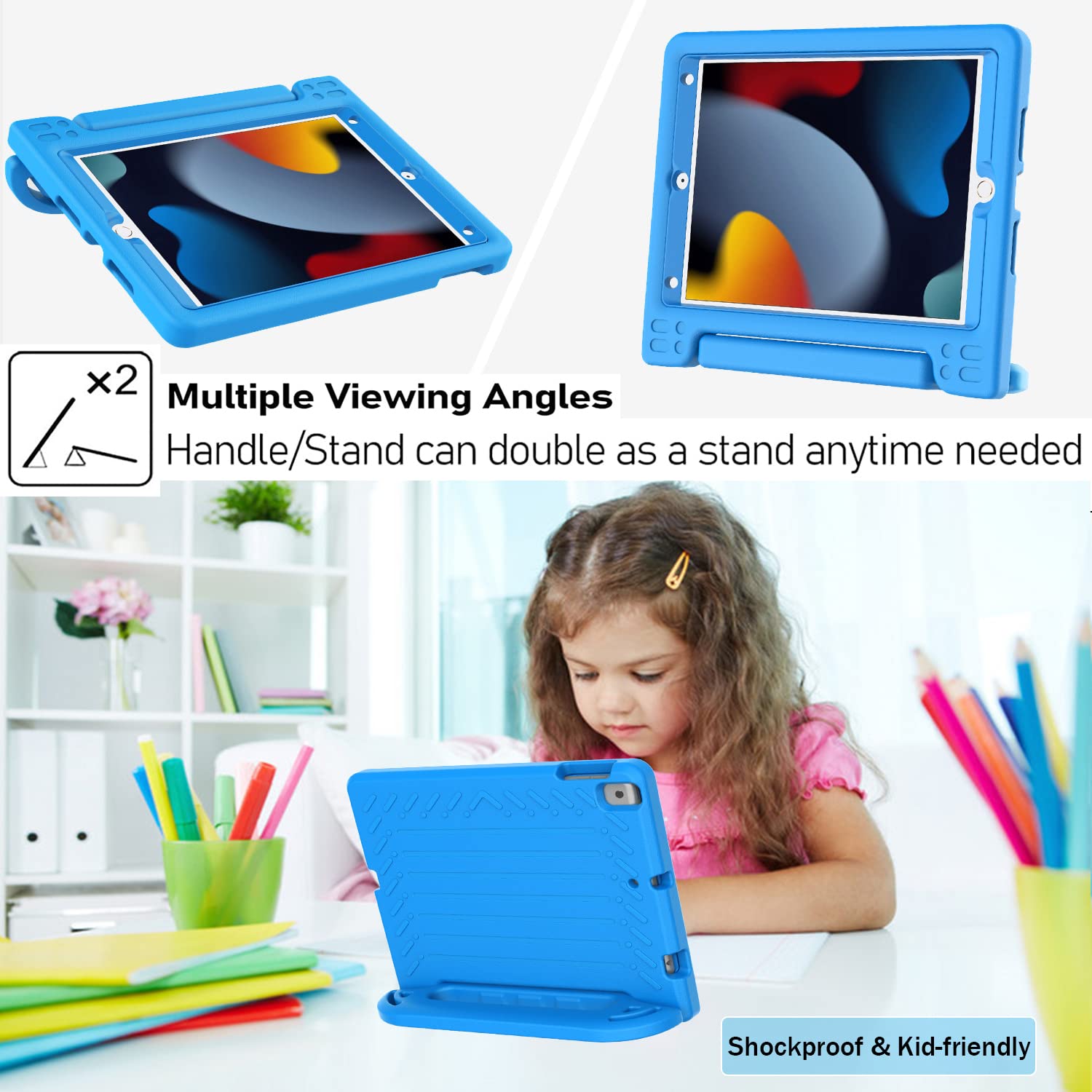 LTROP Case for 9th/8th/7th Generation 2021/2020/2019 with Built-in Screen Protector, Shockproof Convertible Handle Stand Case for iPad 9/8/7 Gen, Blue