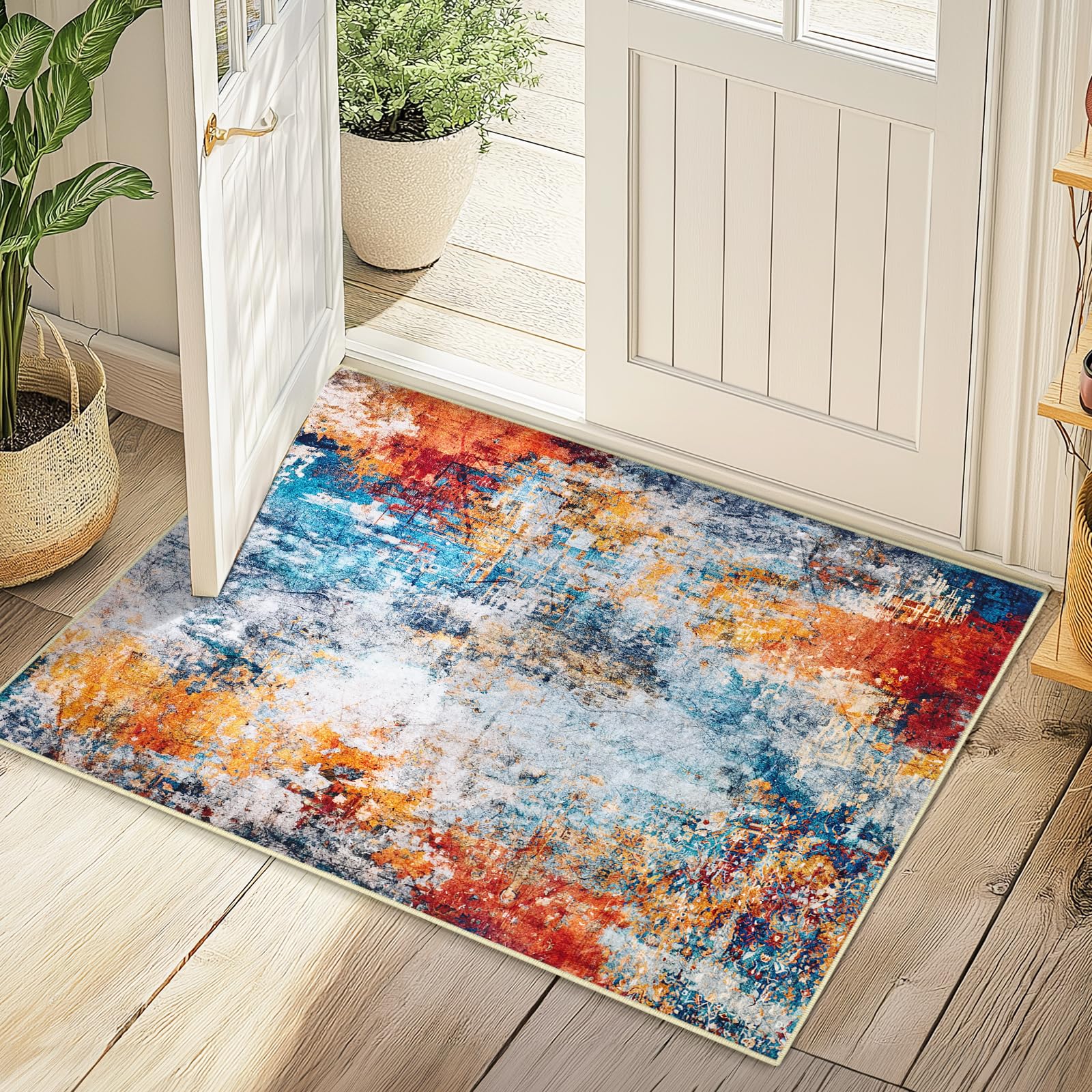 Modern Abstract Area Rug 2x3 Small Washable Rug Colorful Door Mats Non Slip Rug for Kitchen Indoor Carpet for Entrance Front Door Mats Soft Bath Rug Contemporary Entryway Rug