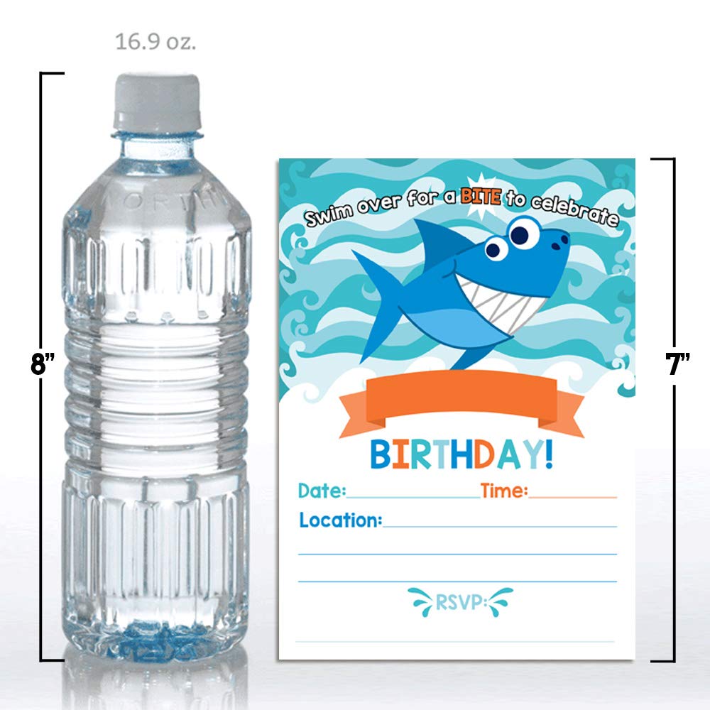 Smiling Shark Bite Birthday Party Invitations, 20 5x7 Fill In Cards with Twenty White Envelopes by AmandaCreation