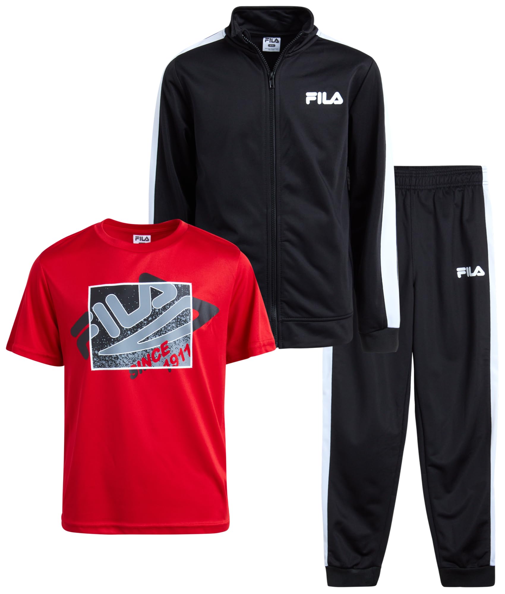 Fila Boys Active Tracksuit Set - 3 Piece Performance Tricot Sweatshirt, Jogger Sweatpants, Shirt - Activewear for Boys (8-12), Size 8, Black