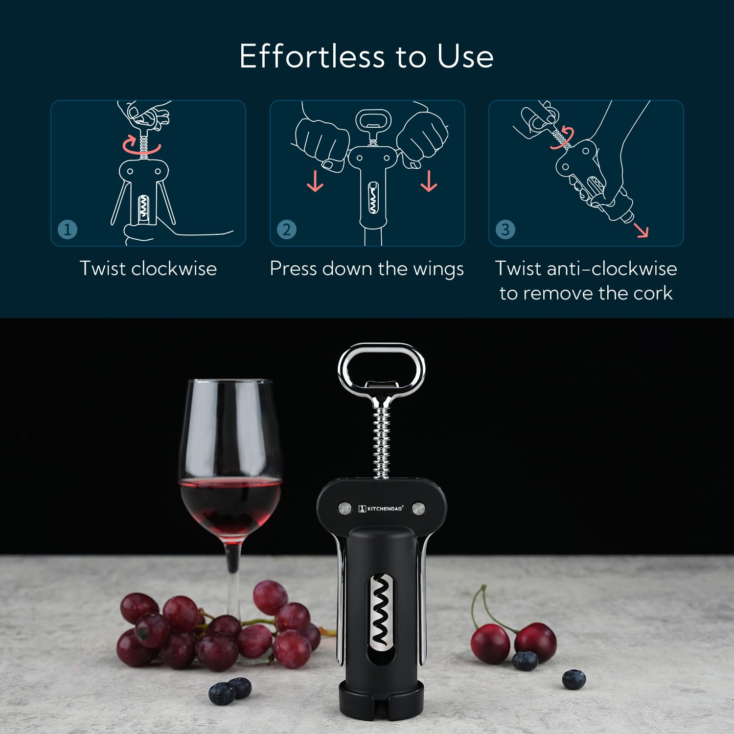 KITCHENDAO 3 in 1 Wing Corkscrew Wine Bottle Opener with Foil Cutter, Built-in Beer Bottle Opener, Multifunctional Wine Opener with Non-Stick Sharp Screw,Easy to Use, Manual Wine Corkscrew,Black