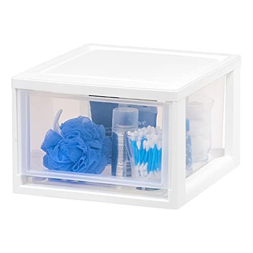 IRIS USA 14.5 Qt. Medium Plastic Stacking Drawer, Stackable Storage Organizer Unit with Sliding Drawer for Bedroom Kitchen Under Sink Pantry Craft Room Dorm Office, White, 3-Pack