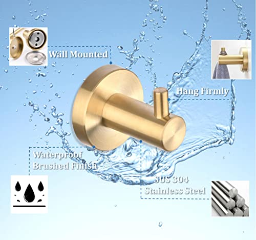 SHUNLI 2 Pack Bathroom Hooks Wall Hook, Brushed Gold Towel Hooks Bath Coat Robe Hanger Holder, SUS304 Stainless Steel Heavy Duty Wall Mounted Hook
