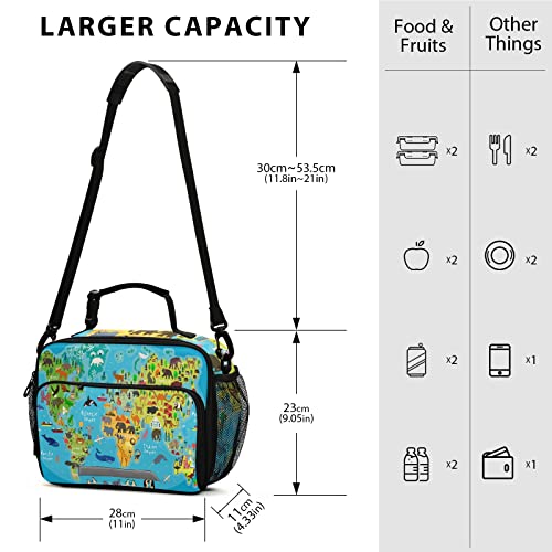 Kids Animal World Map Lunch Box Reusable Insulated School Lunch Bag Cooler Cooling Lunch Tote Bag for Boys,Girls,Travel,Picnic(2021925)
