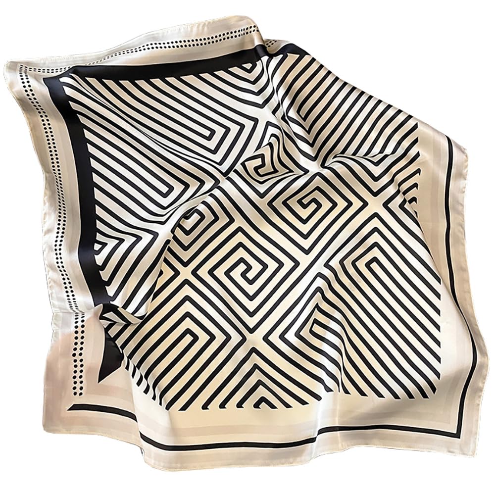 JERLA 100% Pure Mulberry Silk Square Scarf for Hair-26''x26'' Women Men Natural Silk Neckerchief Headscarf (Cream white and black geometry stripe)