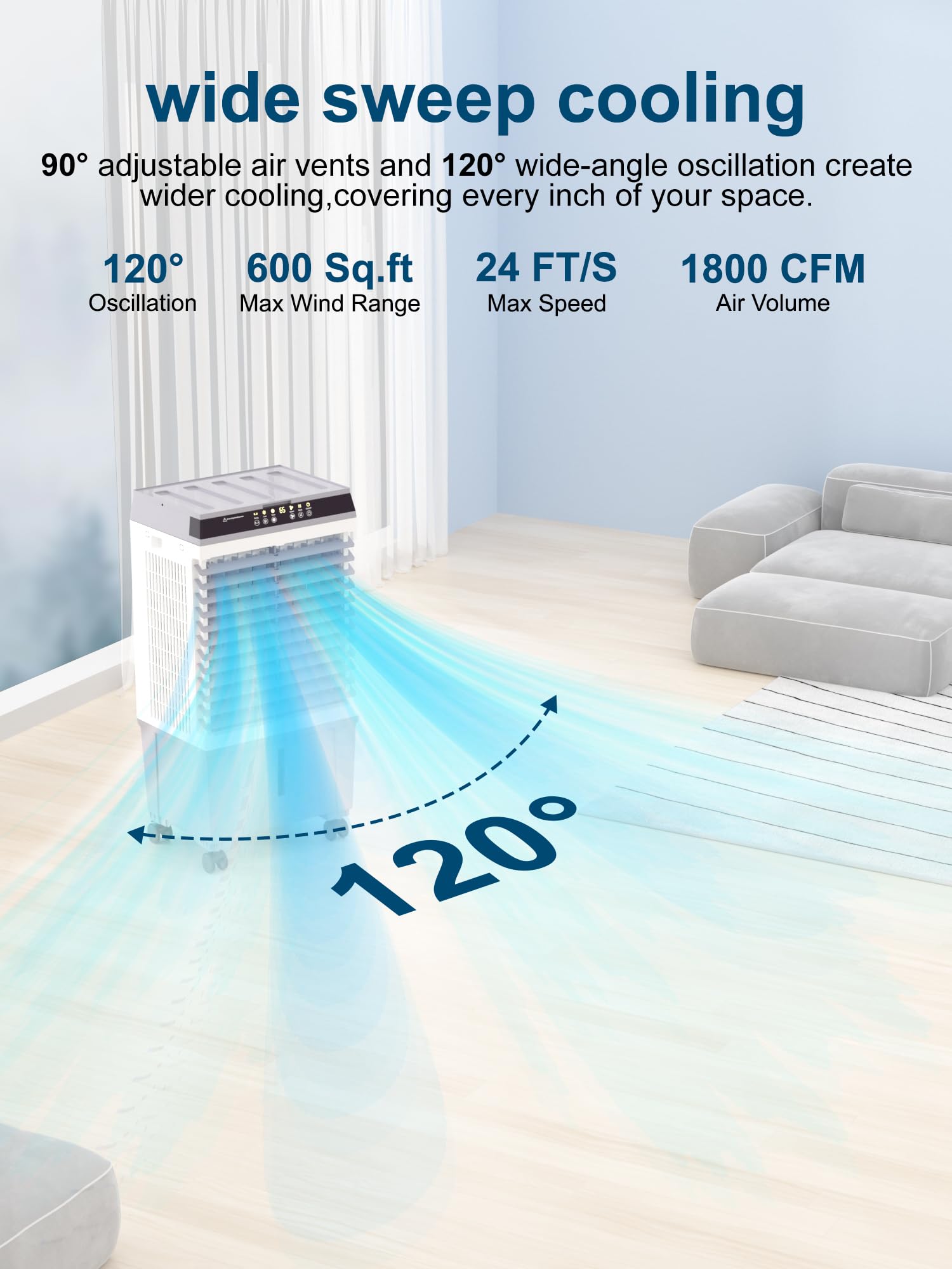 Landeagle Swamp Cooler, 1800CFM Evaporative Cooler with 5.3-Gal Water Tank, Cooling Fan with 3 Speeds, Remote Control, 12H Timer, Evaporative Air Cooler for Indoor Room Bedroom Use