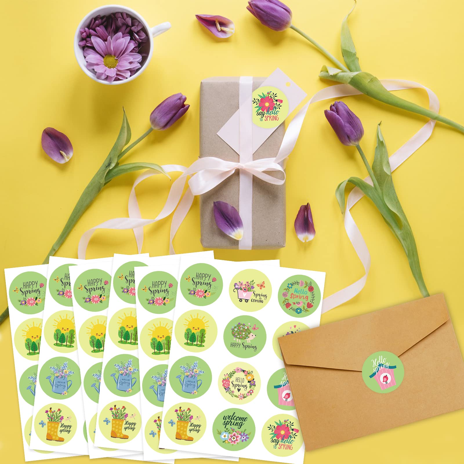 Lucleag Happy Spring Stickers for Kids, Round Hello Spring Stickers, 12 Styles Spring Flowers Birds Butterfly Stickers for Candy Goodies Envelope Seals Gift Card Stickers Spring Party Decor 360pcs