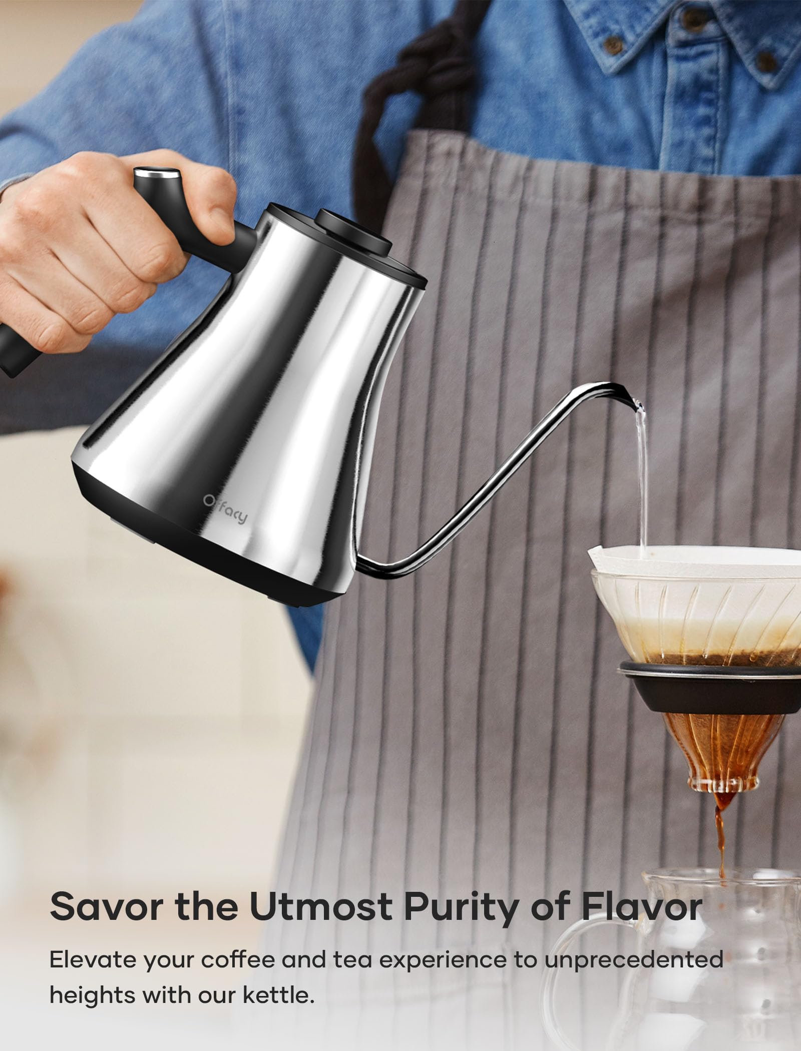 Gooseneck Electric Kettle, Offacy Gooseneck Kettle with 100% Food Grade 304 Stainless Steel, Pour Over Kettle & Coffee Kettle, Tea Kettle 1200 Watt Quick Heating, 0.9L, Stainless Steel