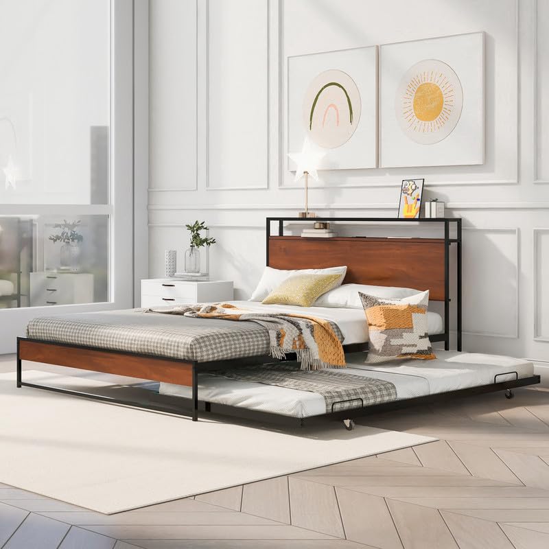 FDSPDO Queen Size Metal Platform Bed Frame with Trundle, USB Ports and Slat Support,No Box Spring Needed Black