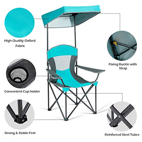Goplus Folding Canopy Chair, Outdoor Camping Chair w/Cup Holder and Carrying Bag for Beach Park Poolside Patio (Turquoise)