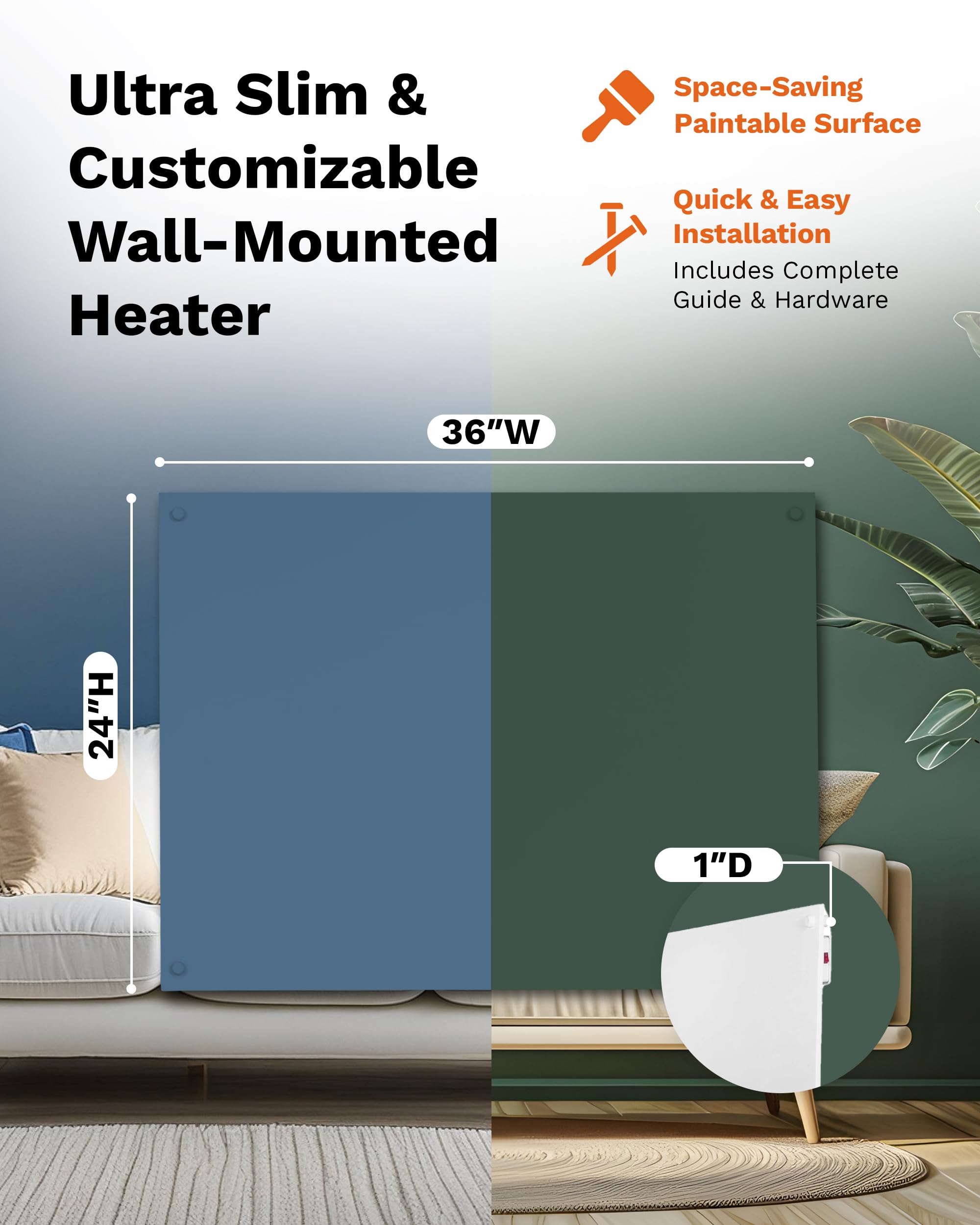 Large Room Indoor Heater - 600W Amaze Maxi Convection Panel Heater w/Wall Mount Kit, Up to 300 sq ft Room - 36”x24” Paintable, Energy Efficient, & Silent Bathroom, RV or Garage Heater - Amaze Heaters