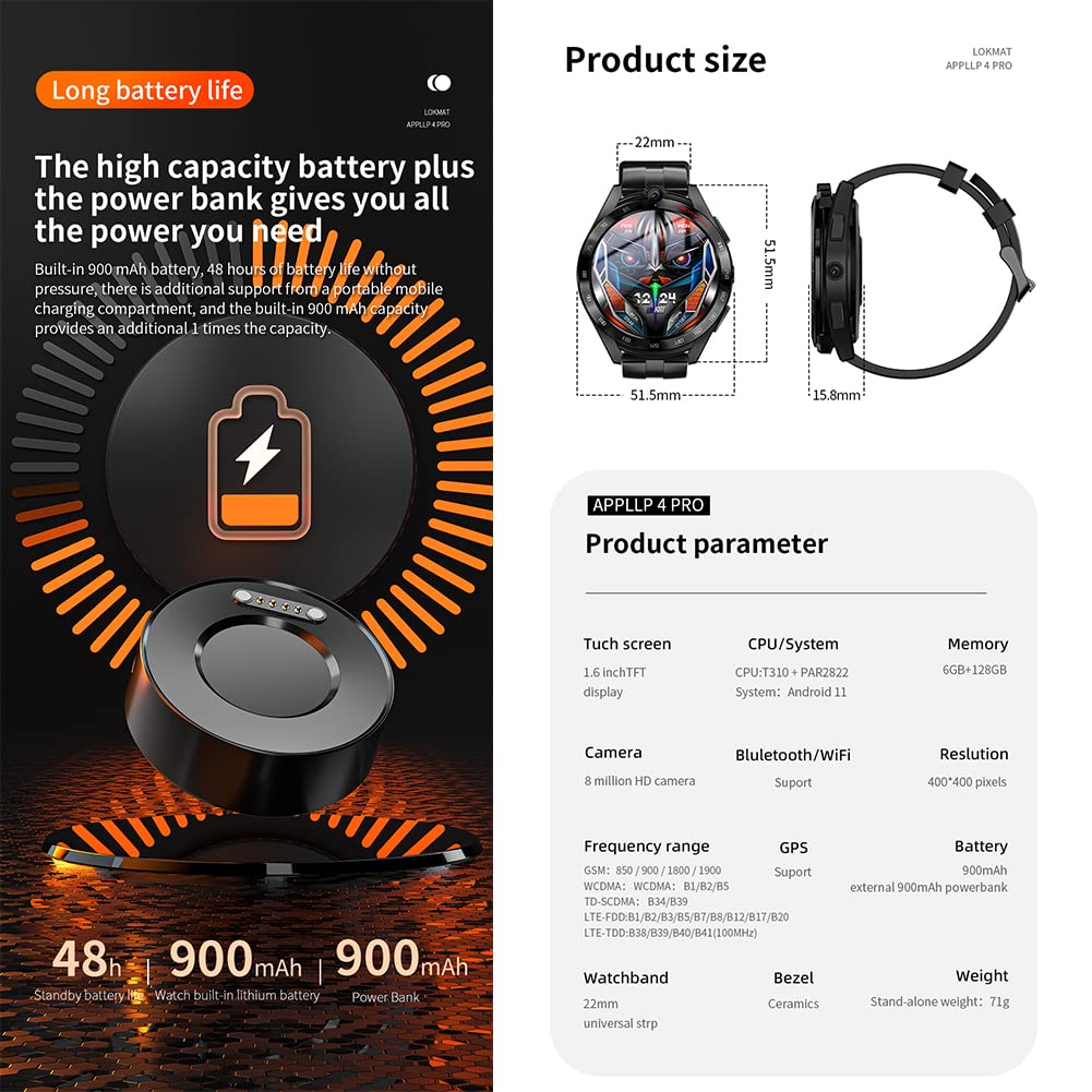 ENKUODE Android 11.0 Smart Watch 4G Touch Screen 1.6" Fitness Sport GPS Wristwatch 5MP+8MP Dual Camera Activity Tracker Video Phone Watches 6GB+128GB (B)