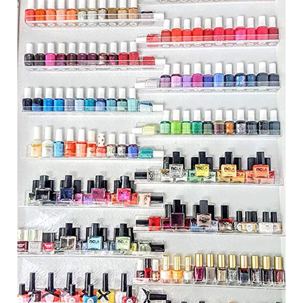 Hedume 6 Pack Nail Polish Rack Wall Mounted Shelf with Removable Anti-slip End Inserts, Nail Polish Wall Rack Shelves, Clear Acrylic Nail Polish Organizer Display for 70-90 Bottles