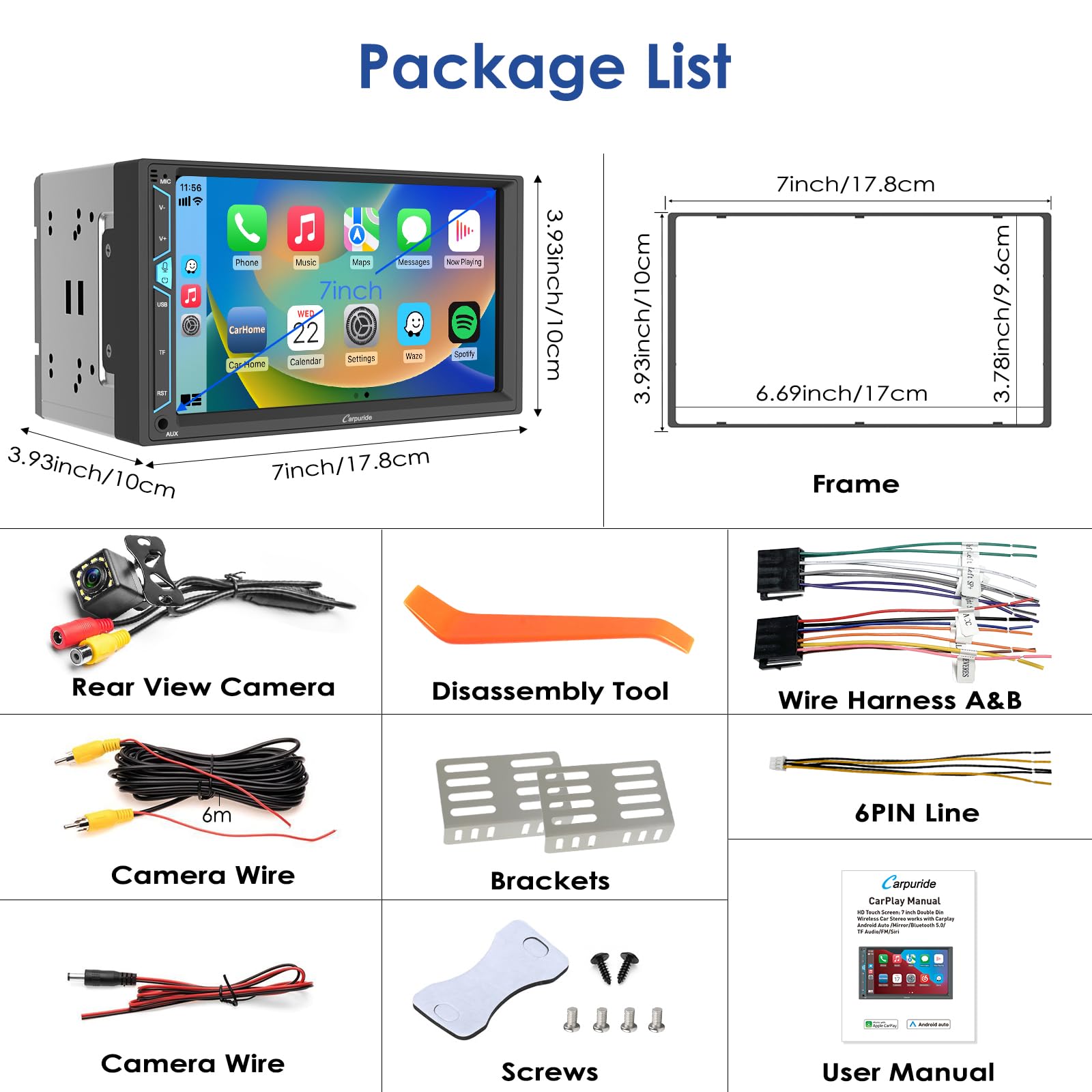 Double Din Car Stereo-Carpuride 7 Inch Touchscreen Car Radio with Backup Camera,Bluetooth,Wireless Carplay/Android Auto,Voice Control,FM Radio, Mirror Link, Steering Wheel Control(SWC)/USB/TF/AUX