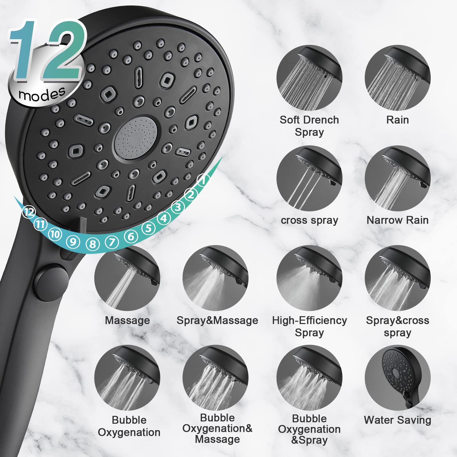 Heemli 12 Functions Shower Head with handheld, Hand held Shower with ON/OFF Pause Switch, High Pressure Shower Head Set with Hose Adjustable Bracket Rubber Washers - Black - U.S. Design Patents
