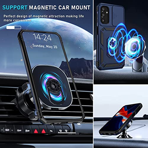 Janmitta Samsung Galaxy A14 5G Case Built in Slide Camera Lens Cover and Screen Protector,Heavy Duty Shockproof Full Body Protective Phone Cover,Built in Finger Ring Stable Holder Kickstand,2023 Blue