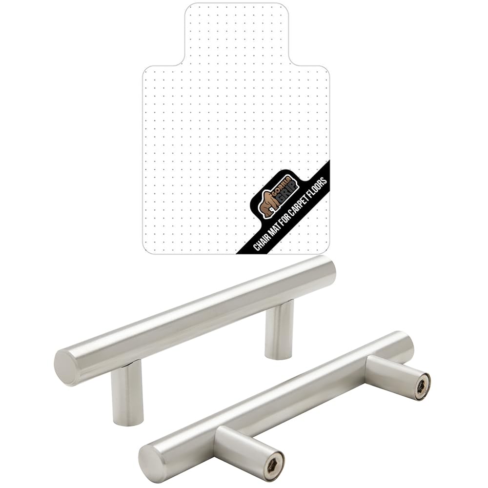 Gorilla Grip Office Chair Mat for Carpet Floor and Cabinet Door Pulls, Chair Mat Size 29x47 with Lip in Clear, Heavy Duty, Cabinet Pulls 5 Pack in Nickel, 5 Inch Length, 2 Item Bundle
