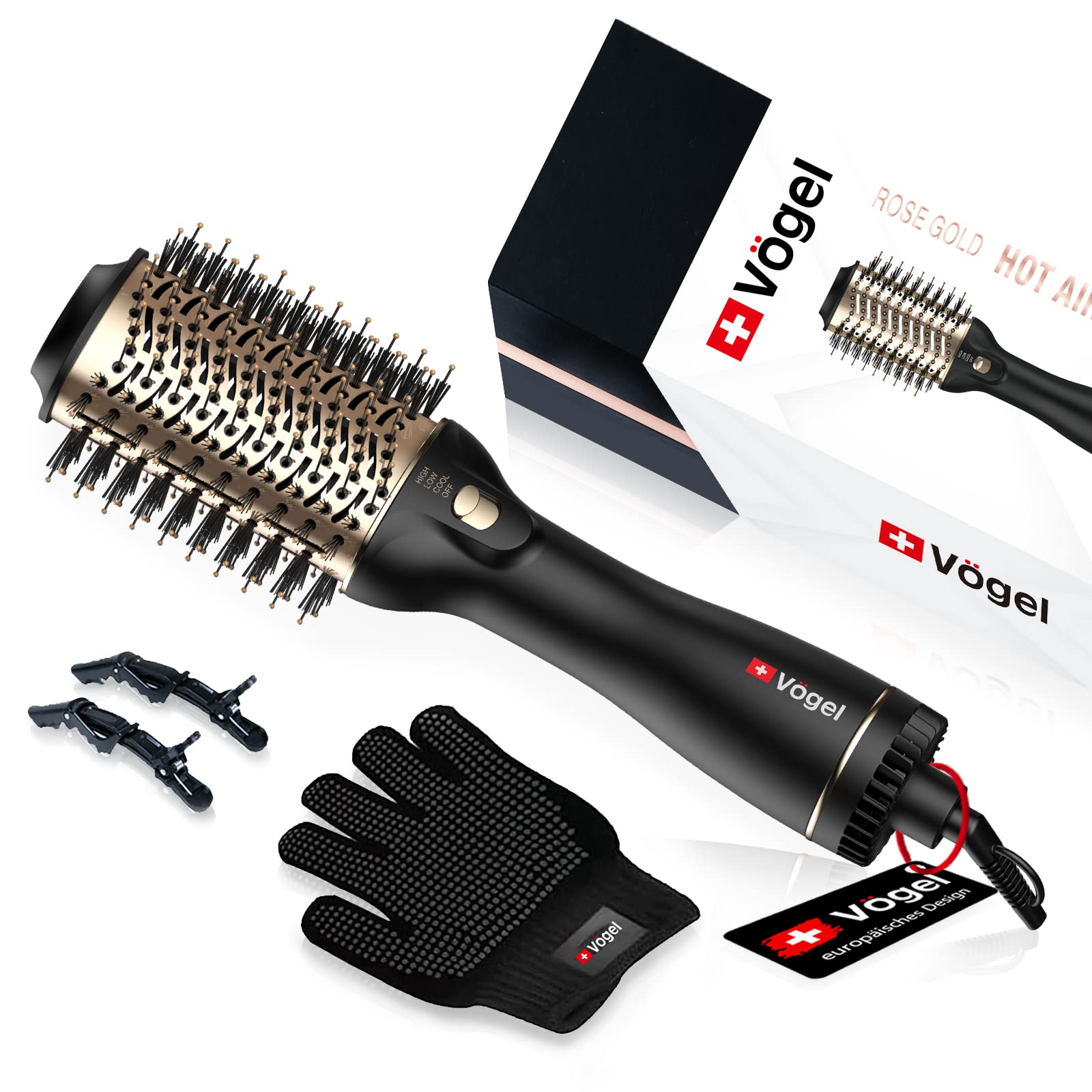 Vögel Nano Titanium Hot Air Brush & Hair Dryer - One Step Volumizer,Professional Blowout for Style and Dry,Incl Clips, Gloves,Gold