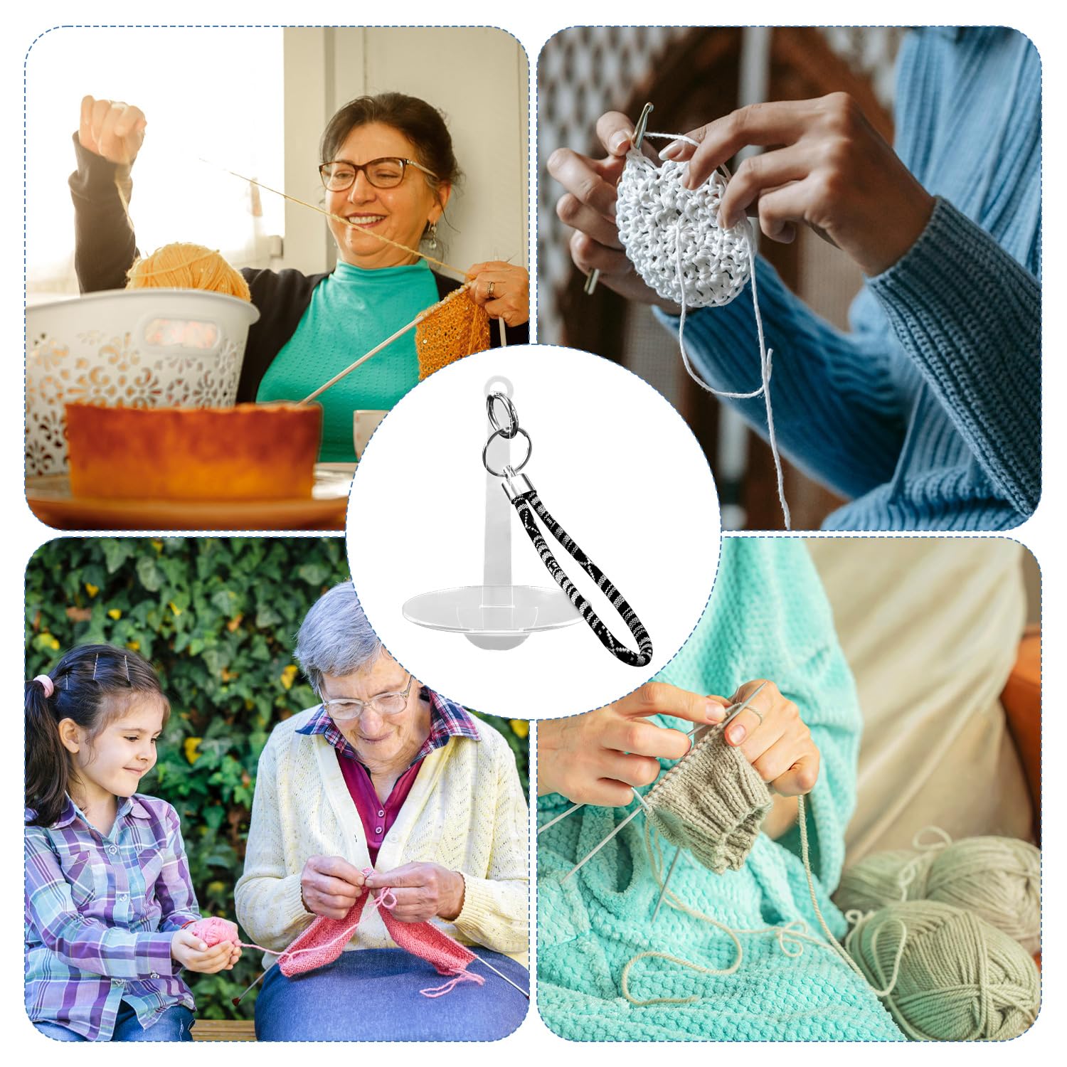 Portable Wrist Yarn Ball Holder with Wrist Strap, Acrylic Wrist Yarn Dispenser Stand & Metal Ring Mini Crochet Yarn Organizer Storage Prevents Tangling & Misalignment for Knitting Supplies