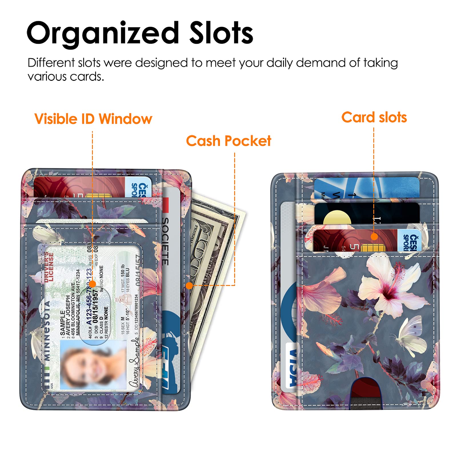 Fintie Slim Minimalist Front Pocket Wallet, RFID Blocking Credit Card Holder Card Cases with ID Window for Men Women (Blooming Hibiscus)