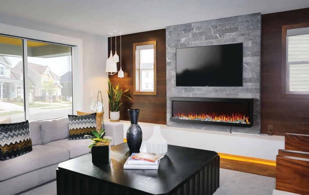 Napoleon Trivista Pictura 60 3-Sided Electric Linear Fireplace - Built-in Design - Multi-Color Flames with Large Crystal Cubes and Natural Looking Birch Logs - NEFL60H-3SV