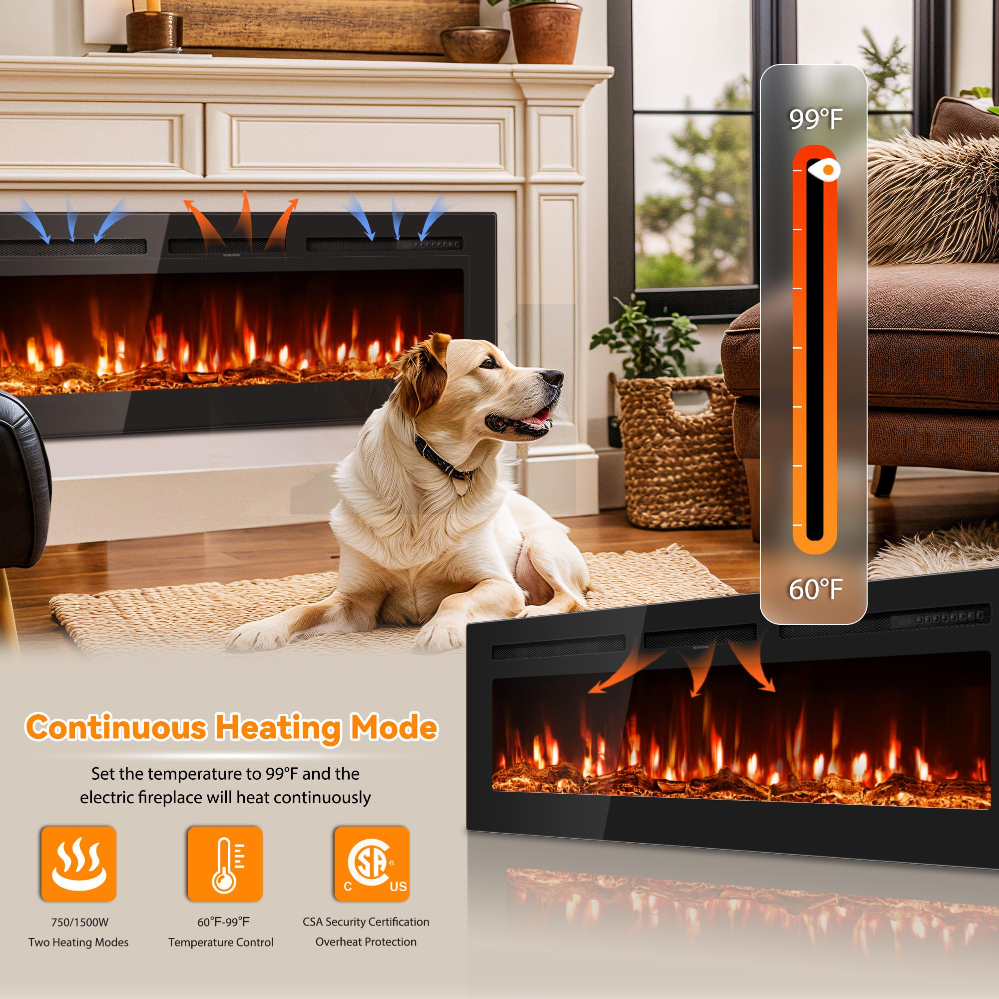 Manastin 60 inch Electric Fireplace in-Wall Recessed and Wall Mounted with Remote Control, 1500/750W Fireplace Heater (60-99ยฐF Thermostat) with 12 Adjustable Color, Timer, Log and Crystal