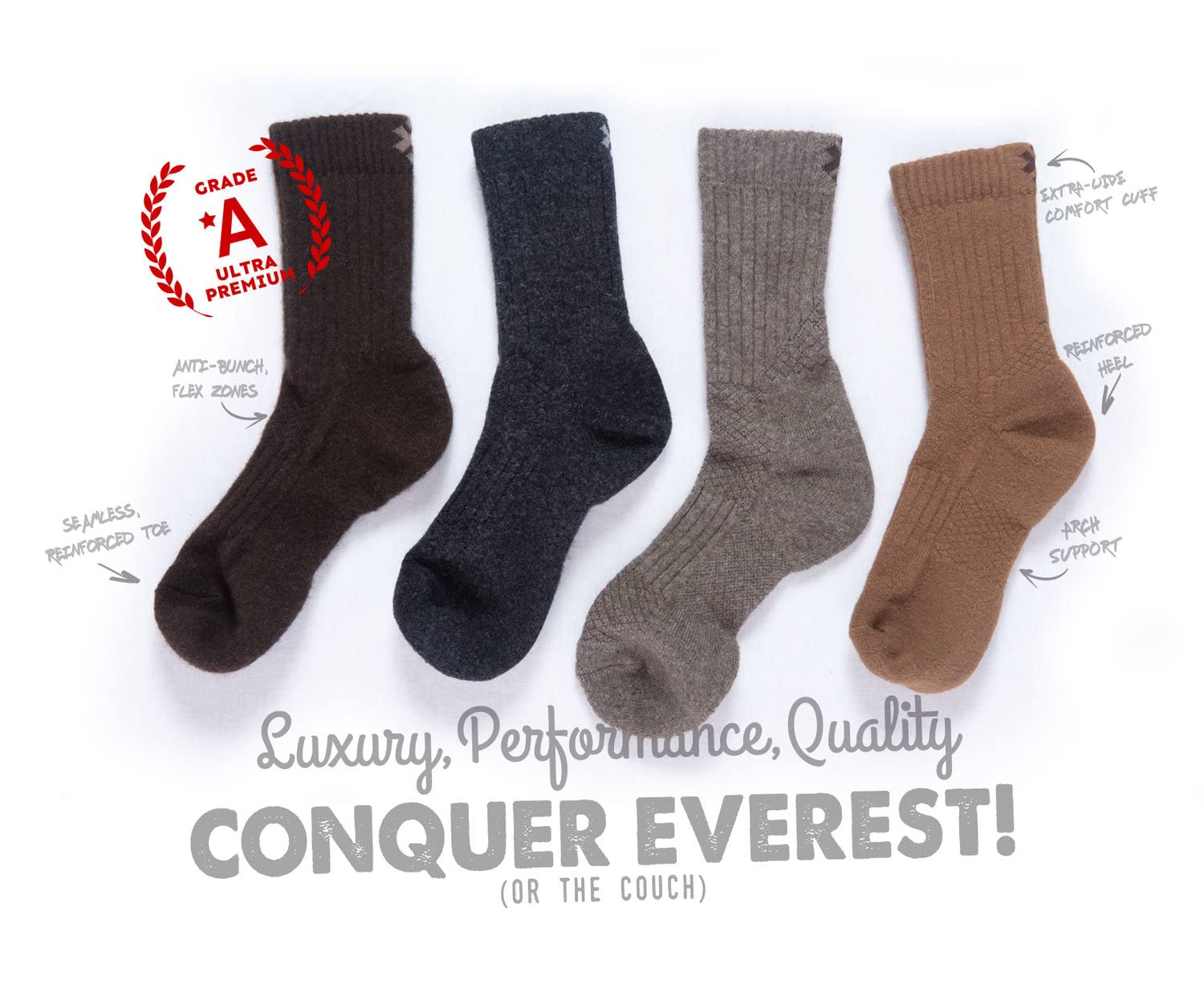 Happy Yak Socks, The Purist, Brown, 80% Yak Cashmere, Extra Large
