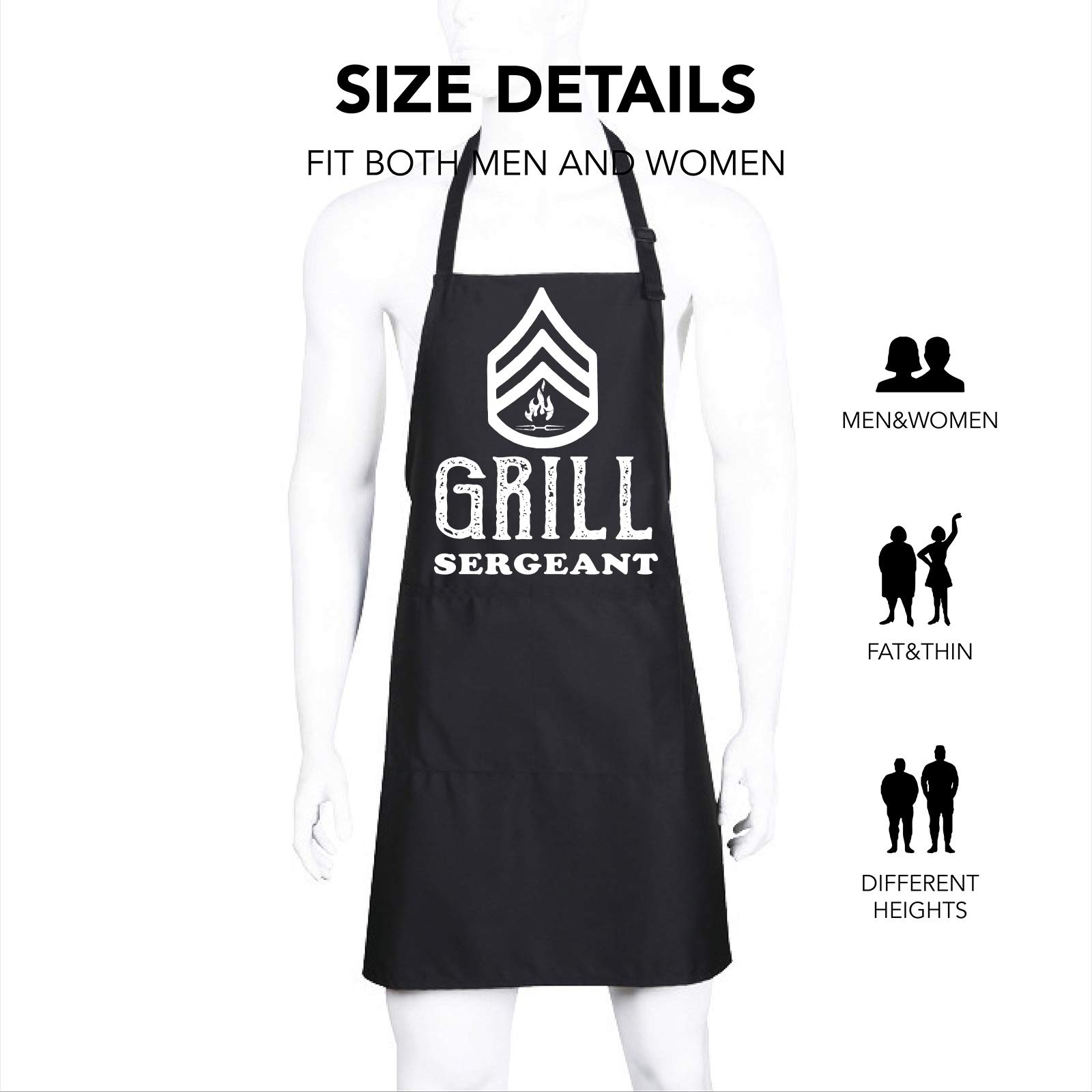 Ihopes Funny Black BBQ Apron for Men,Grill Sergeant Apron with 2 Pockets and Adjustable Neck Strap,Perfect Gifts for Birthday/Christmas/Thanksgiving, Large