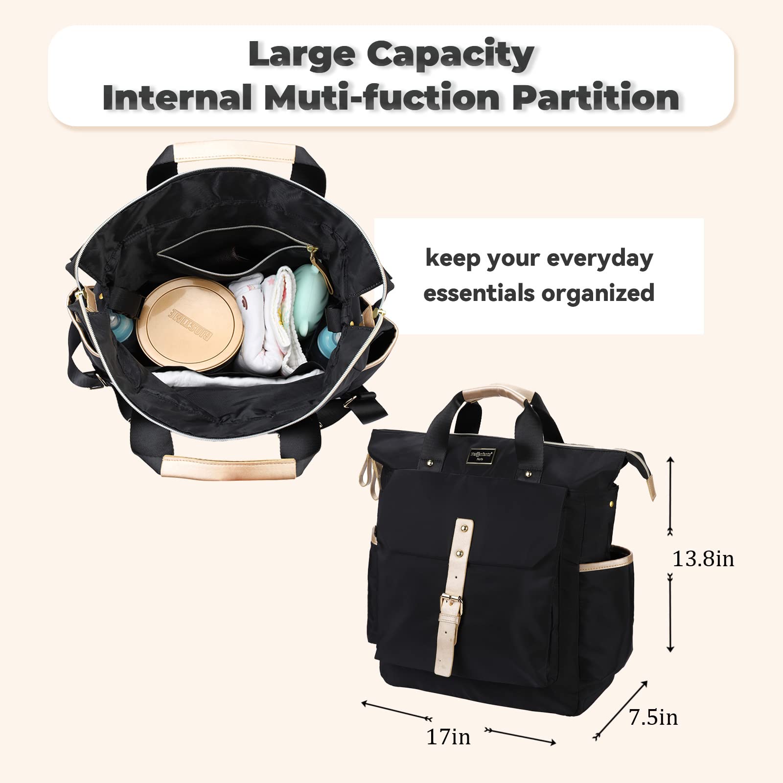 MYZIDEA Baby Diaper Bag Backpack, Stylish Multifunction Travel Back Pack with Portable Changing Pad, Pacifier Case and Stroller Straps, Stylish Backpack for Moms Dads, Black Gold