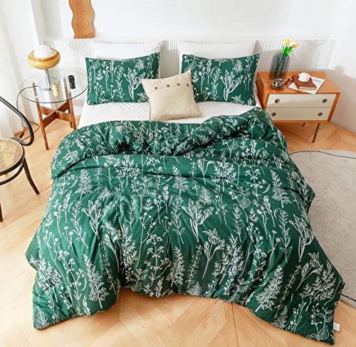 JANZAA Duvet Cover Queen Size,3 Pieces Floral Emerald, Botanical Green Duvet Cover,Microfiber Soft Bedding Set with Zipper Closure 4 Ties (2 Pillow Cases)