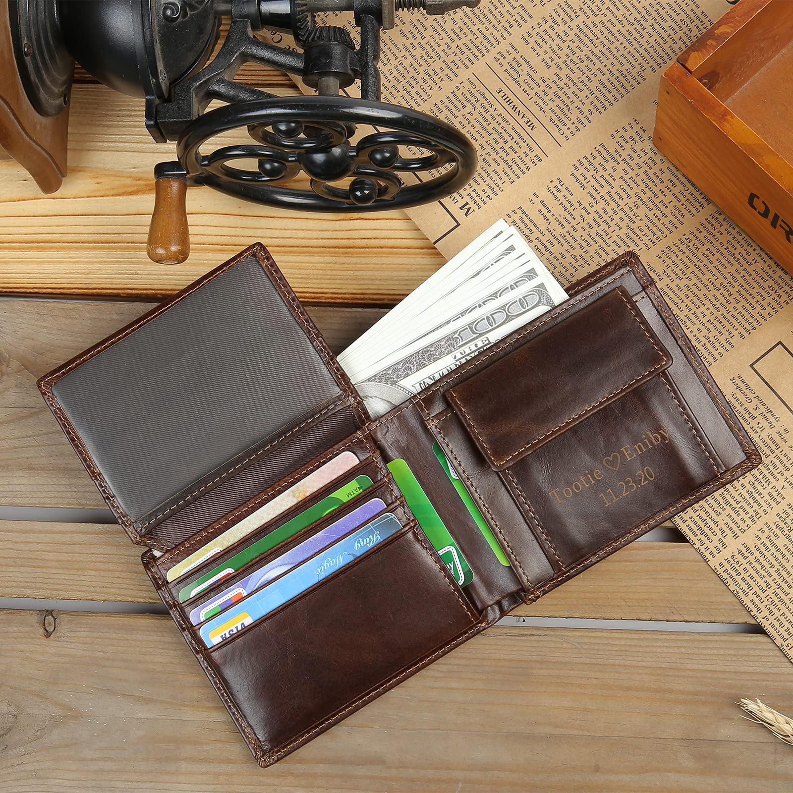 Glooraca Custom Engraved Wallet for Men Personalized Leather Wallet Personalized Birthday Christmas Father's Day Gifts for Men Husband Boyfriends (Red Brown)