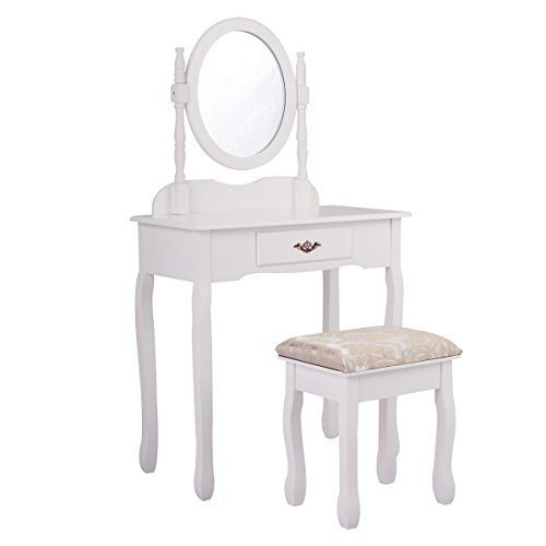 Tidyard Vanity Table and Chair Set, Makeup Dressing Table with Mirror and Large Drawer, Thick Padded Stool - White