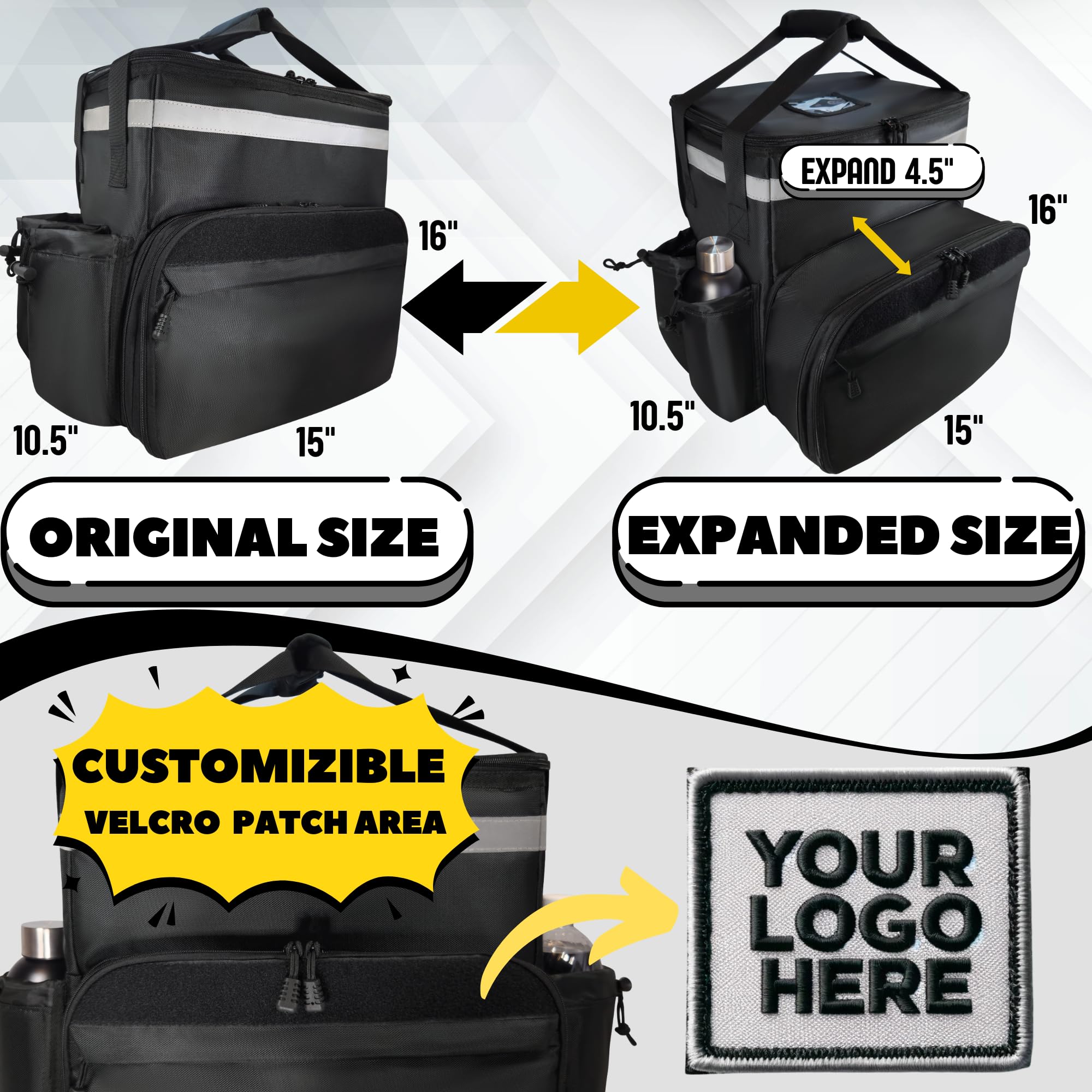 Insulated Food Delivery Backpack made with Expandable 1680D commercial-grade fabric features customizable Velcro patch area for branding, ideal for bike deliveries, Uber Eats, DoorDash, Grubhub