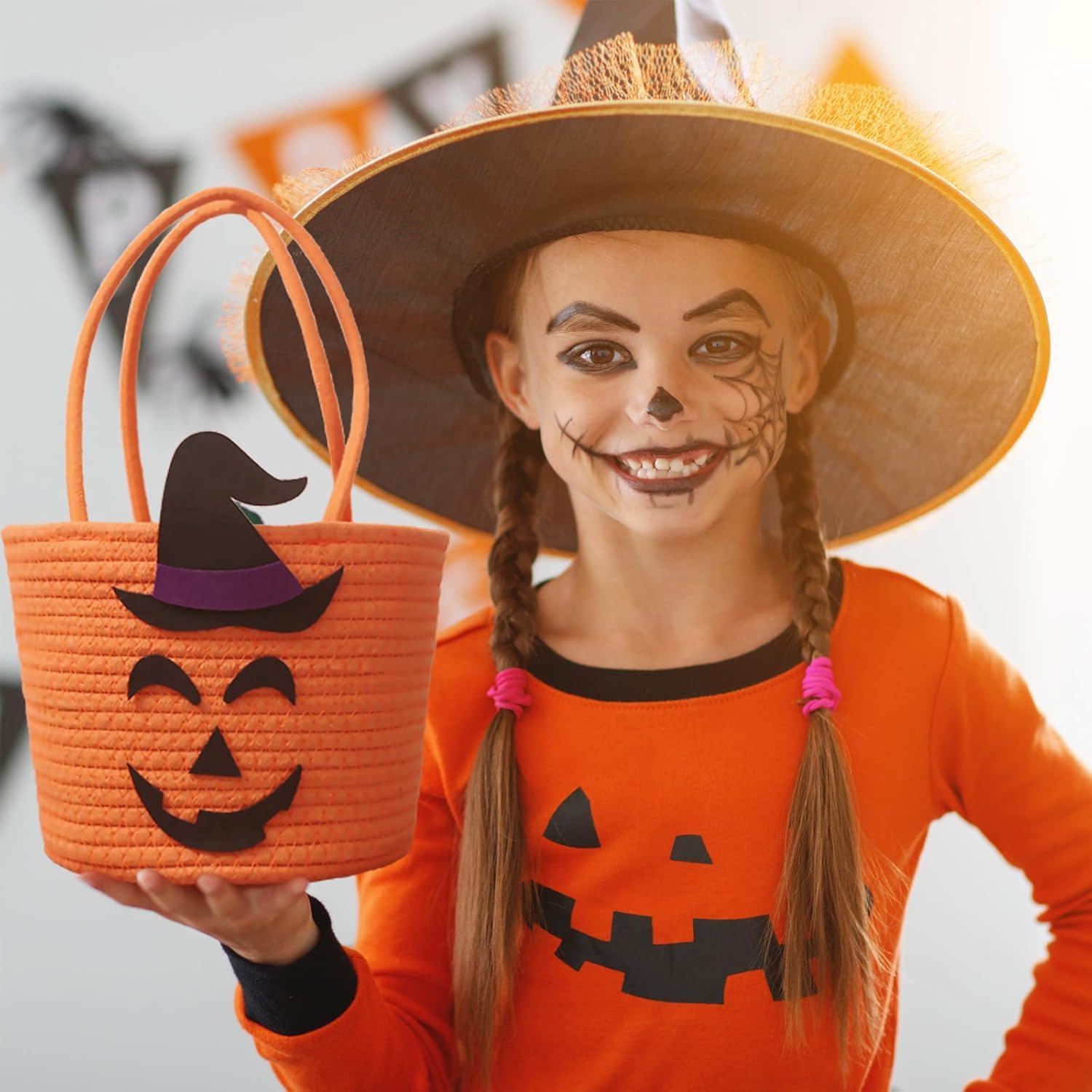 Poschnor Halloween Basket, Halloween Pumpkin Basket for Kids, Halloween Candy Basket, Small Woven Rope Basket bins, Empty Gift Basket for Halloween Decorations, Orange