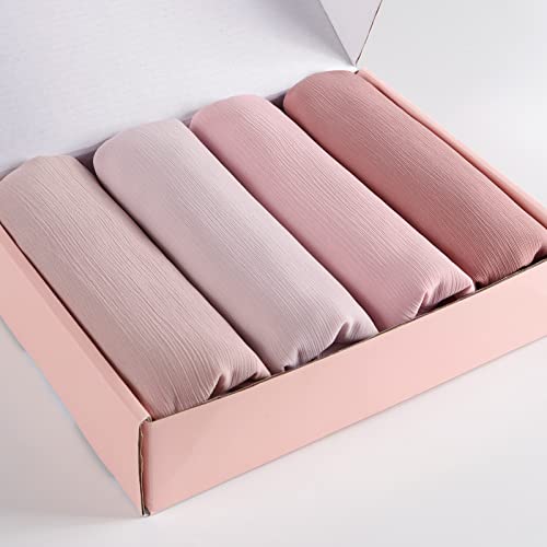 Febfim 4PCS Premium Dubai Muslim Women Chiffon Crinkle Hijab Scarf Plain Chiffon Bubble Hijab Wrap ShawlMix color C