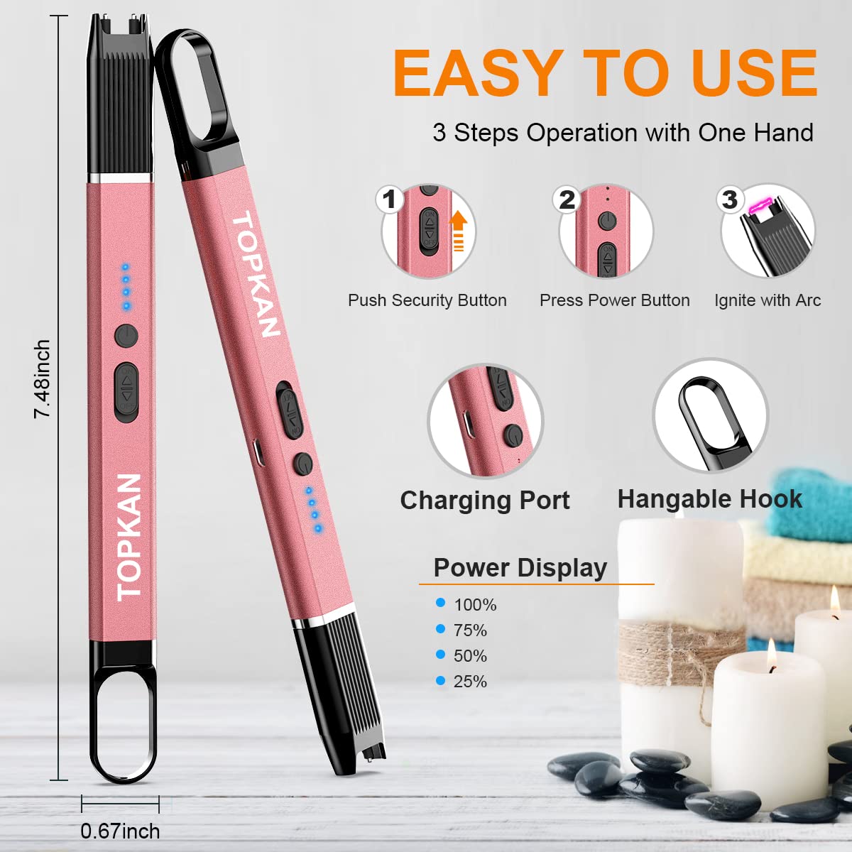Electric Lighter, Candle Lighter, Windproof USB Rechargeable Electronic Plasma Arc Lighter with Safety Lock, Battery Indicator, Long Lighter for Candle, Camping, BBQ, Grill, Fireplace (Rose)