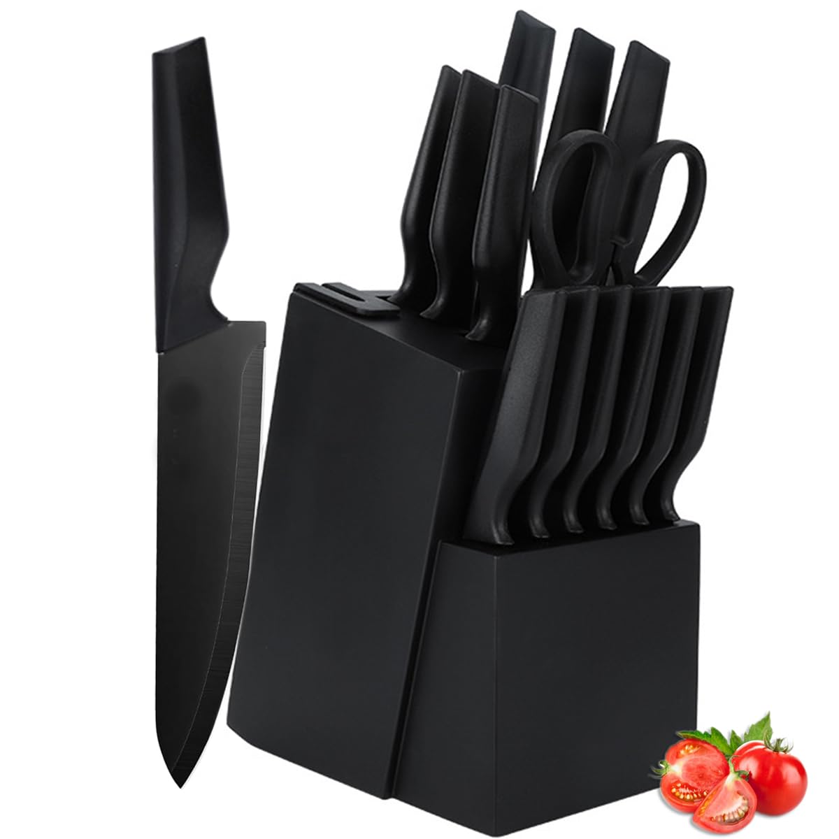 Knife Set, 14 Pieces Kitchen Knife Set with Built-in Sharpener Block, Self Sharpening Knives Sets, Stainless Steel Knife Block Set, Black